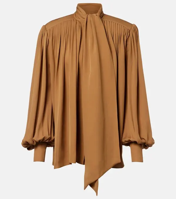 Khaite Vali Pleated Silk Georgette Blouse - Brown