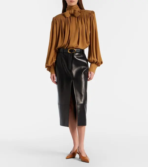 Khaite Vali Pleated Silk Georgette Blouse - Brown
