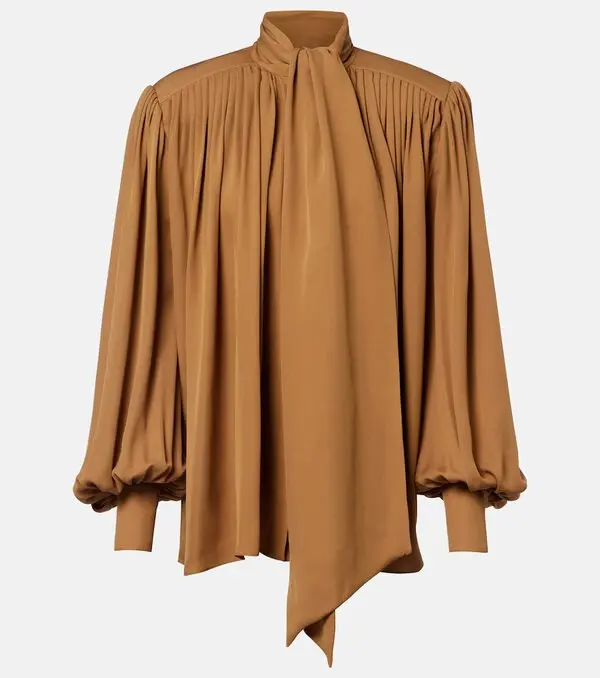 Khaite Vali Pleated Silk Georgette Blouse - Brown