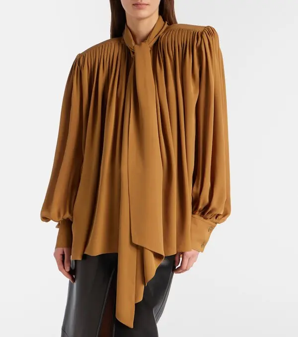 Khaite Vali Pleated Silk Georgette Blouse - Brown