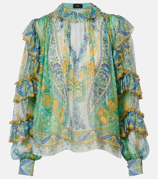Etro Floral Ruffled Silk Blouse - Green