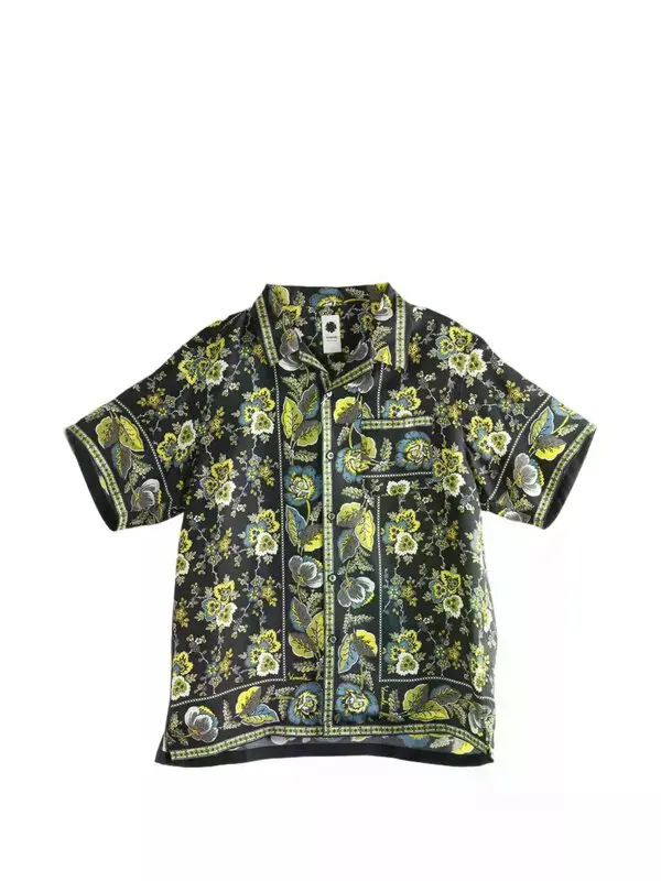 VOWELS Floral-print Short-sleeve Scarf Shirt - Black