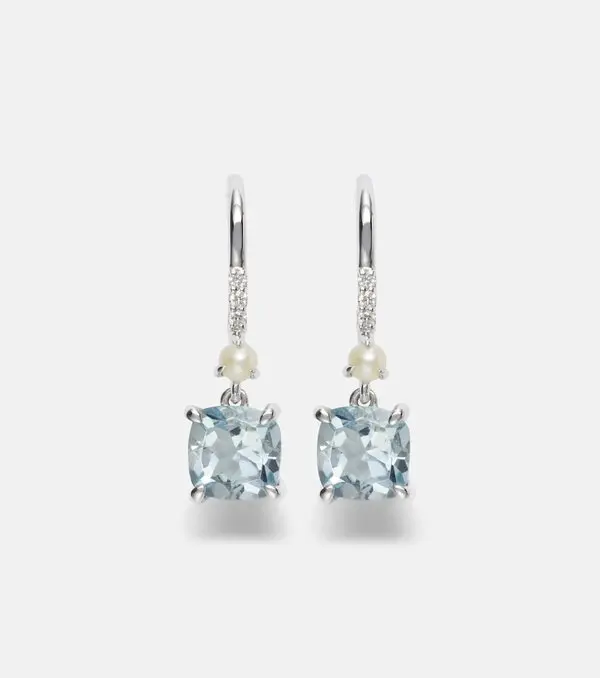 STONE AND STRAND 14kt White Gold Aquamarine, Pearl, And Diamond Drop Earrings - Silver