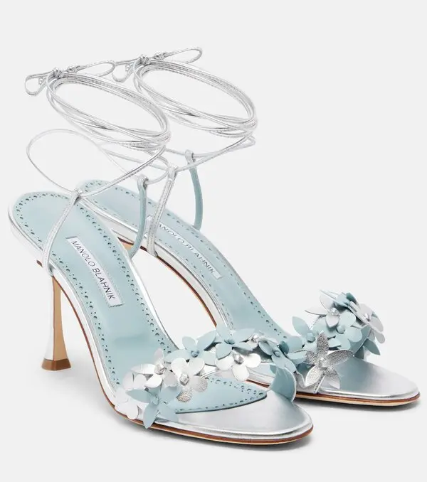 Manolo Blahnik Anista Floral-appliqué Leather Sandals - Silver