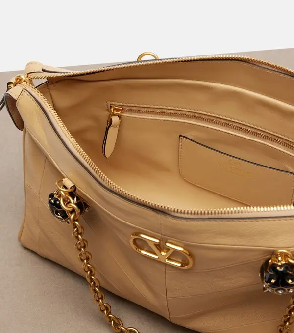 Valentino Garavani Panthea Vlogo Leather Shoulder Bag - Beige