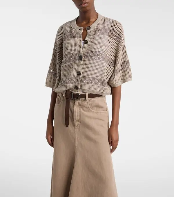 Brunello Cucinelli Sequined Cotton Cardigan - Beige