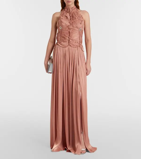 Costarellos Embellished Ruched Georgette Gown - Pink