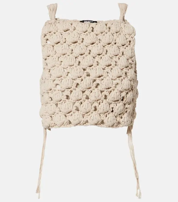 Balmain Crochet Cotton Crop Top - Beige