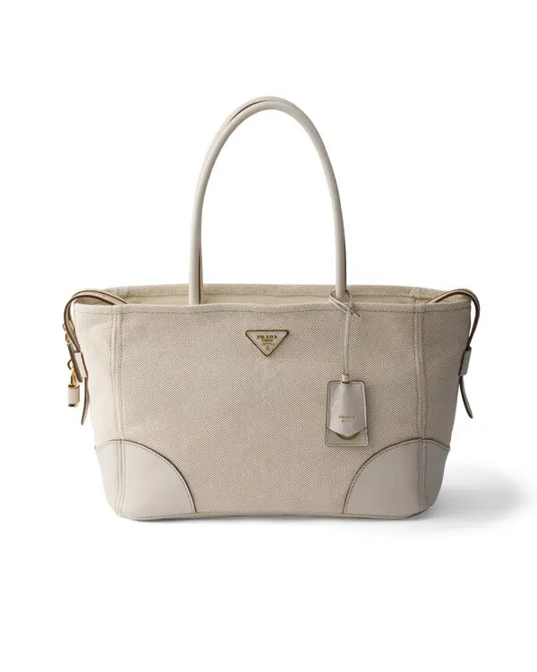 Prada Large Linen Blend And Leather Tote Bag - Neutral