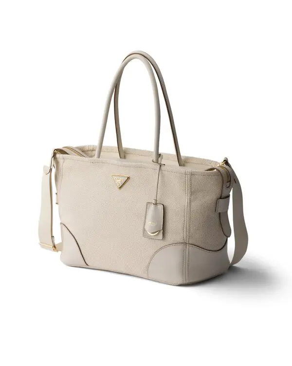 Prada Large Linen Blend And Leather Tote Bag - Neutral