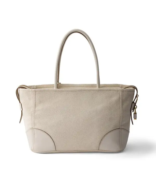 Prada Large Linen Blend And Leather Tote Bag - Neutral