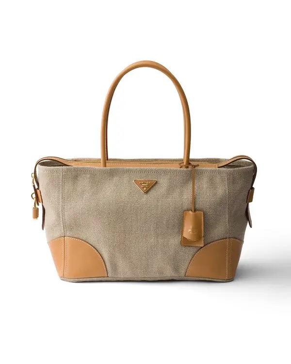 Prada Large Linen And Leather Tote Bag - Neutral