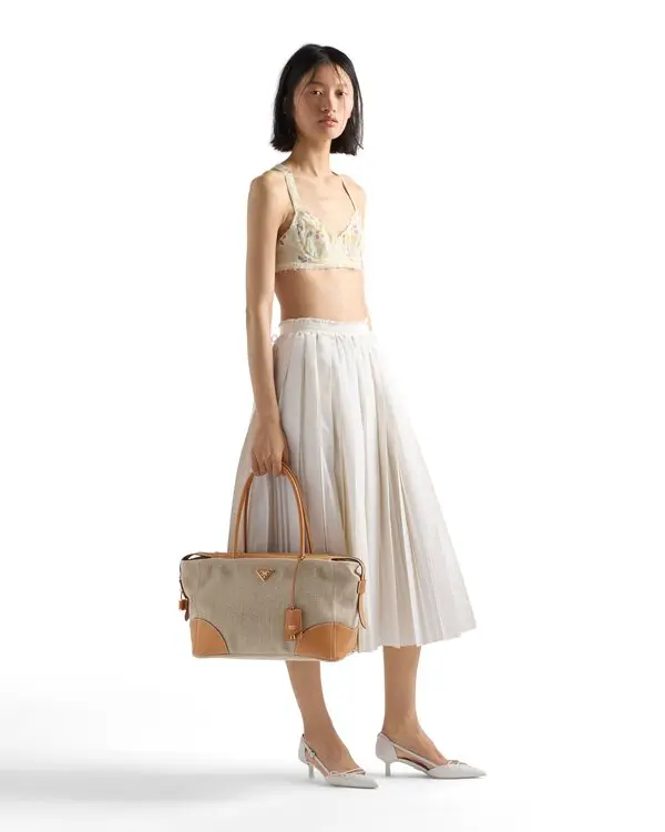 Prada Large Linen And Leather Tote Bag - Neutral