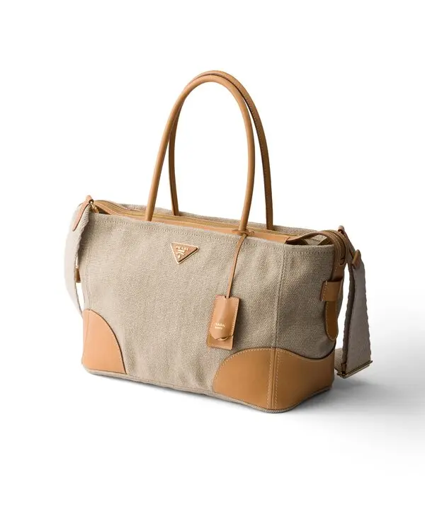 Prada Large Linen And Leather Tote Bag - Neutral