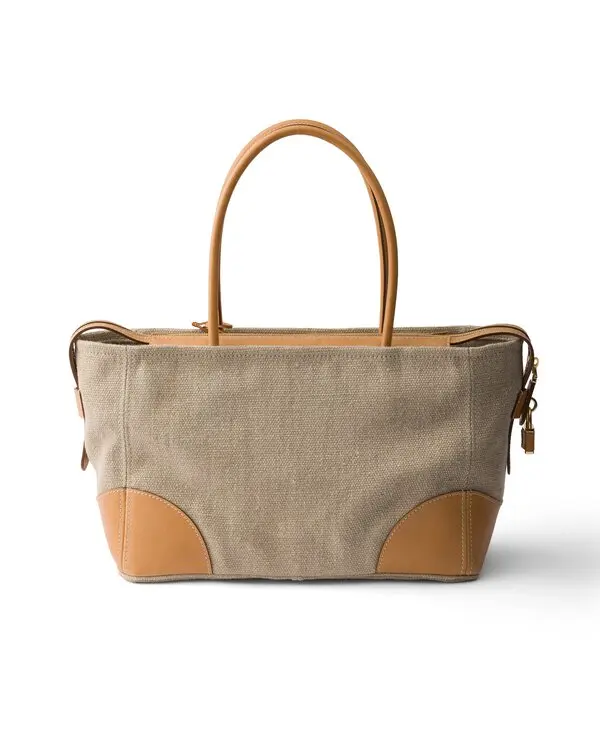 Prada Large Linen And Leather Tote Bag - Neutral
