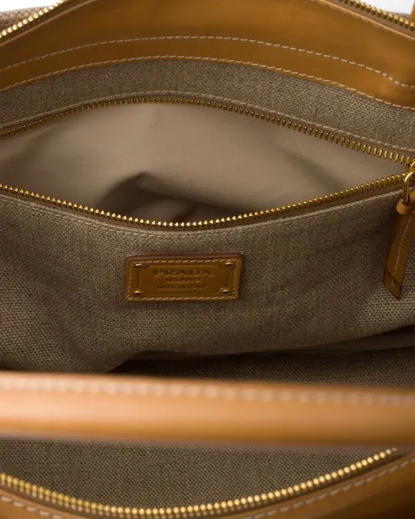 Prada Large Linen And Leather Tote Bag - Neutral