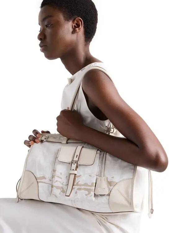 Prada Bonnie Large Printed Linen And Leather Handbag - White