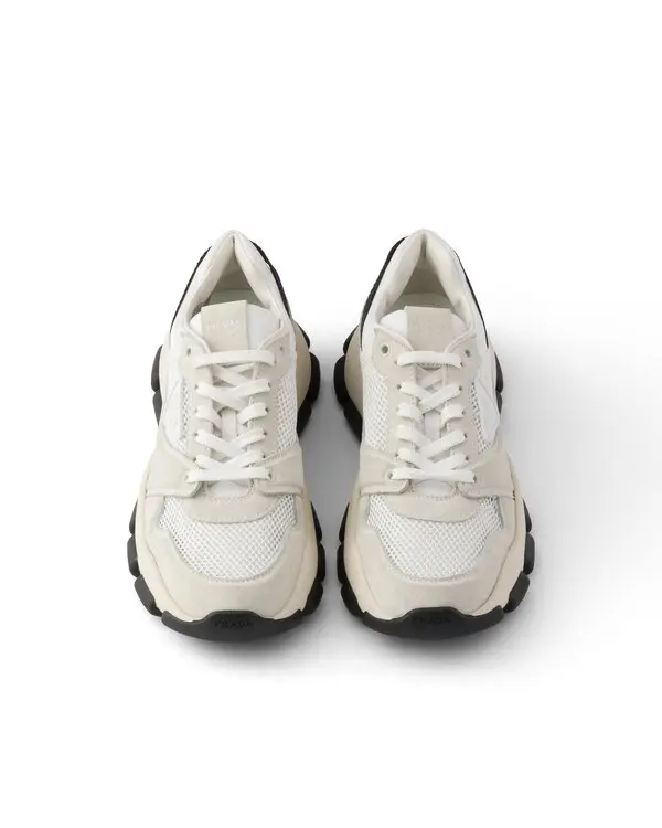 Prada Mesh Fabric And Suede Sneakers - White