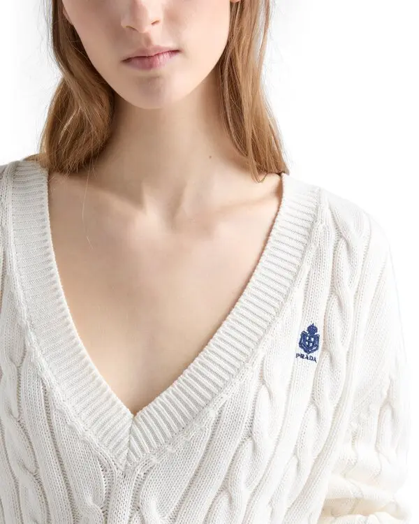 Prada Cable-knit V-neck Cotton Sweater