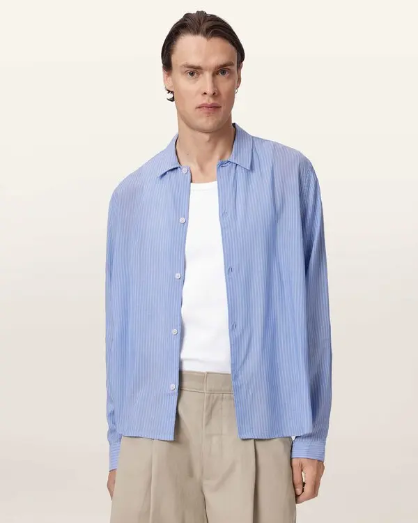 ALLSAINTS Furrow Long Sleeve Boxy Striped Shirt - Blue