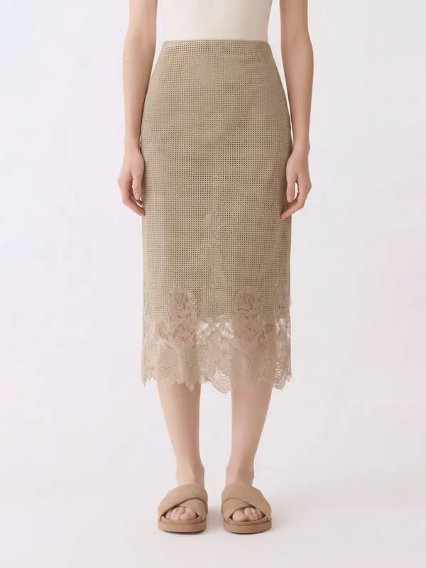 Fabiana Filippi Perforated Suede Midi Skirt With Lace Inserts - Kaki