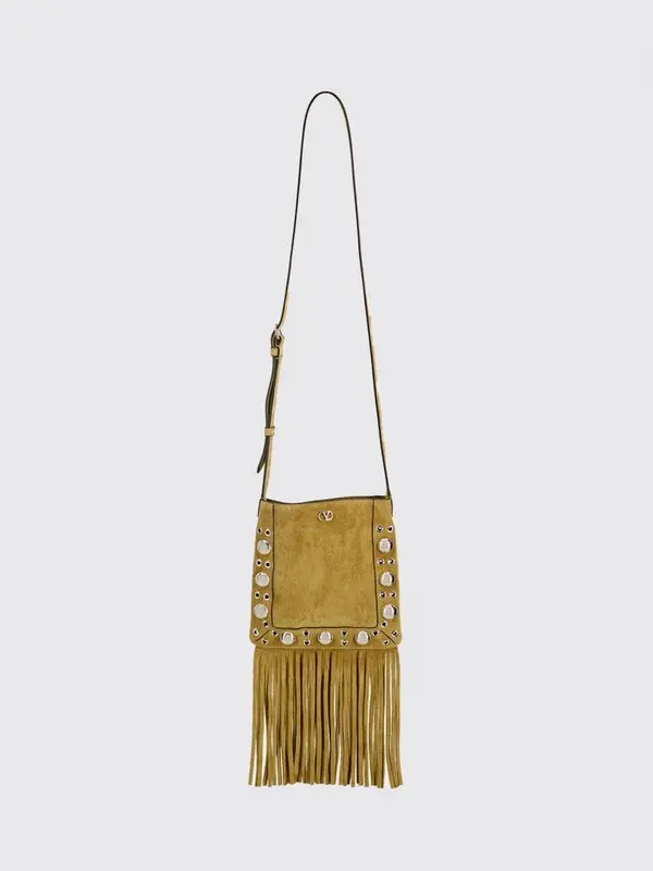 Valentino Garavani Suede Crossbody Bag With Fringe And Studs - Beige