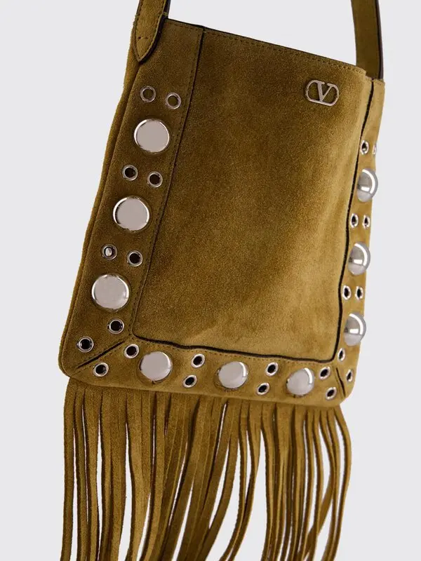 Valentino Garavani Suede Crossbody Bag With Fringe And Studs - Beige