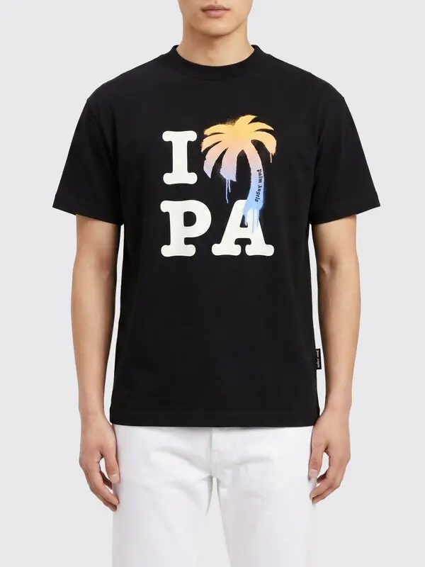 Palm Angels Cotton Crewneck T-shirt With Logo Print - Black