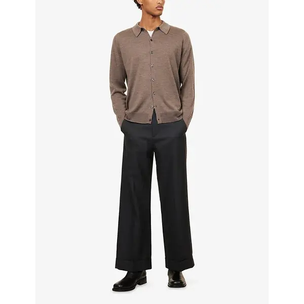 John Smedley Tibor Long-sleeve Merino-wool Polo Shirt - Mushroom