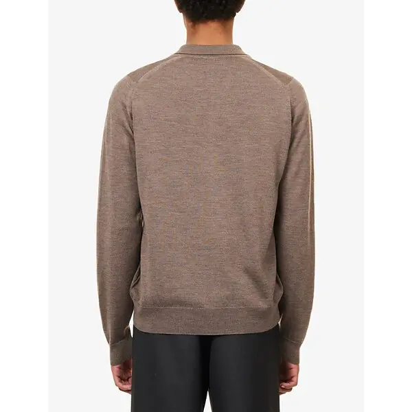 John Smedley Tibor Long-sleeve Merino-wool Polo Shirt - Mushroom