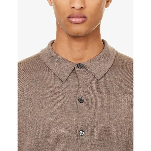 John Smedley Tibor Long-sleeve Merino-wool Polo Shirt - Mushroom