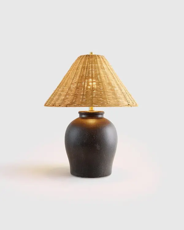 Quince Artisan Ceramic Table Lamp With Rattan Shade