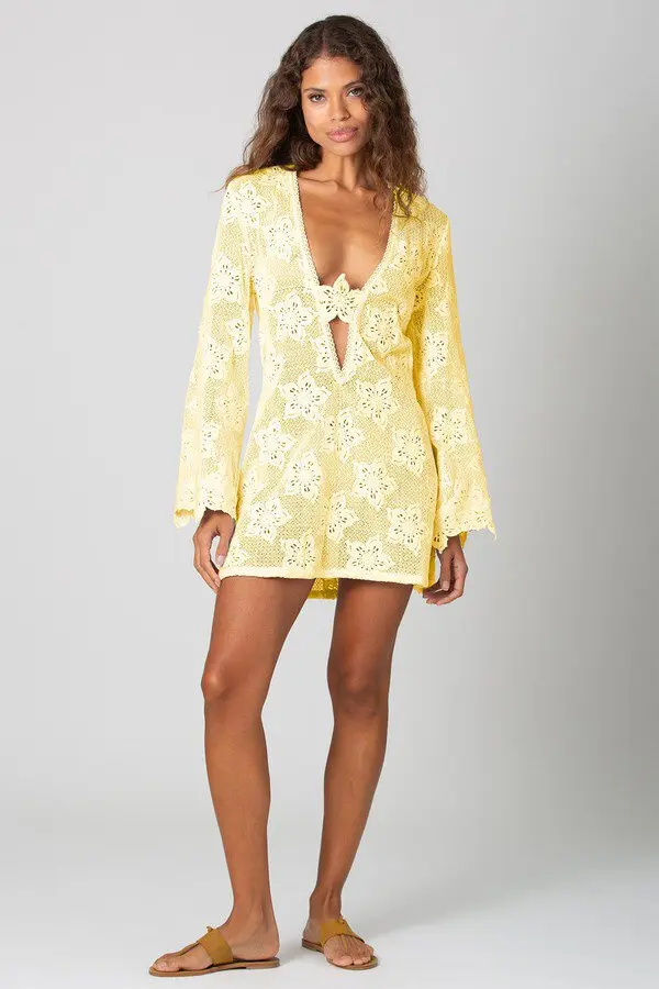 Miguelina Jane Mini Blossom Knit Lace Coverup Banana Yellow - Blue