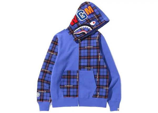 A BATHING APE Logo Check Shark Full-zip Hoodie - Blue