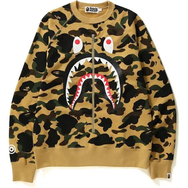 A BATHING APE 1st Camo Metal Zip Shark Crewneck Sweatshirt - Yellow