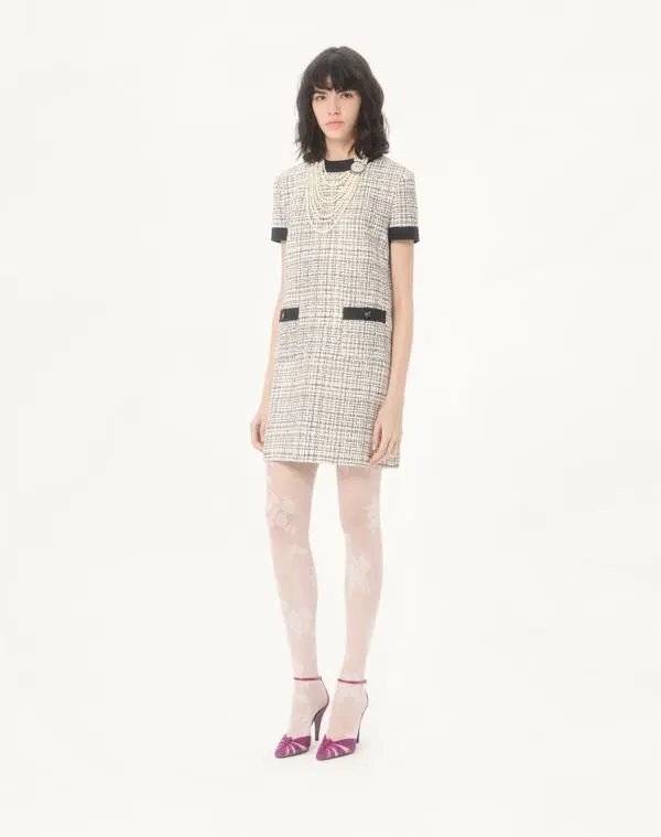 Valentino Garavani Square Tweed Short Dress With Crepe Couture Edges - Vanilla/black