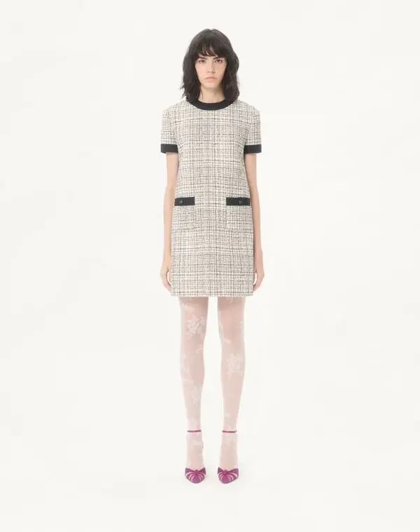 Valentino Garavani Square Tweed Short Dress With Crepe Couture Edges - Vanilla/black