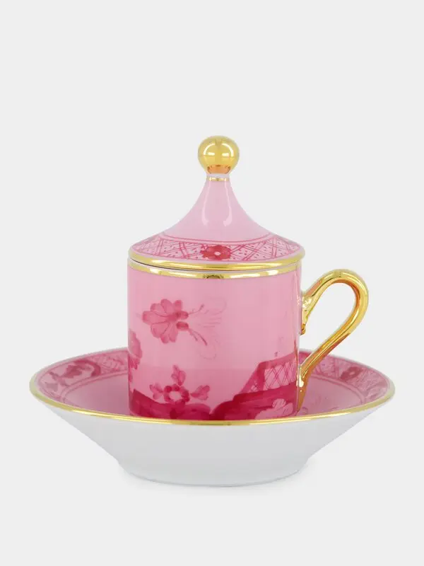 GINORI 1735 Oriente Italiano Porpora Coffee Cup With Cover And Saucer - Pink