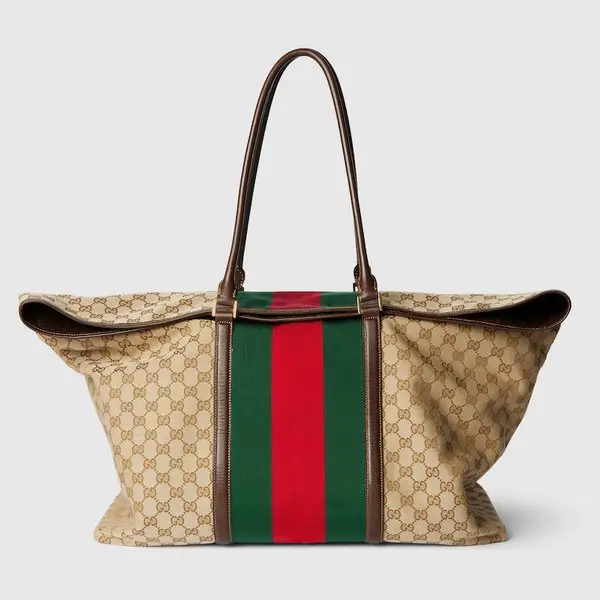 Gucci Gg Canvas Duffle Bag With Web Detail - Beige