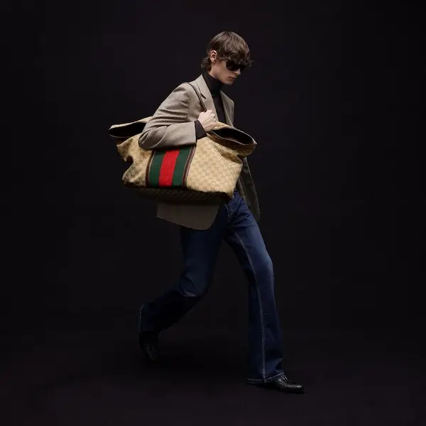 Gucci Gg Canvas Duffle Bag With Web Detail - Beige