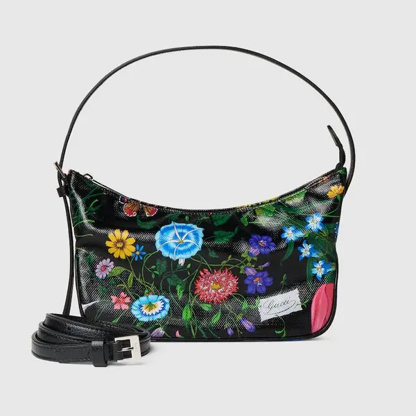 Gucci Lady Lunetta Small Shoulder Bag In Flora Coated Canvas - Black