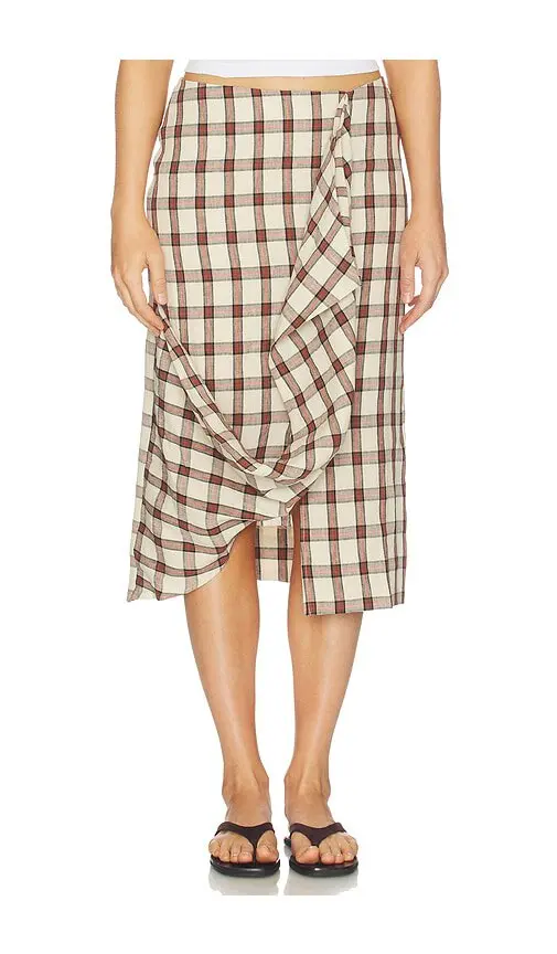 RÓHE Draped Check Linen Midi Skirt - Red Table Check
