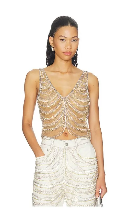 Lapointe Draped Crystal Embroidery V Neck Tank