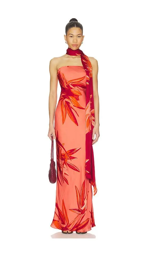 Rococo Sand Strapless Printed Maxi Dress With Scarf - Terracotta
