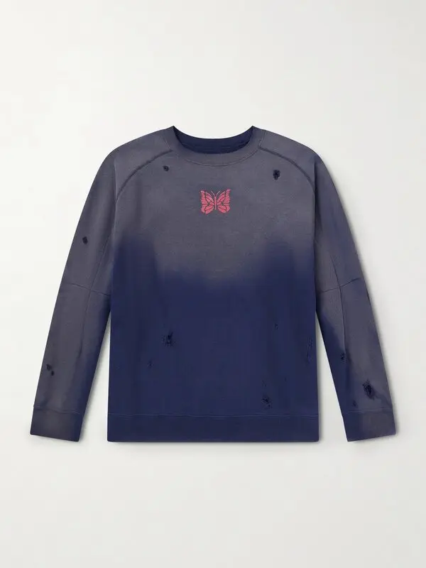 Needles Logo-print Distressed Cotton-jersey Sweatshirt - Blue