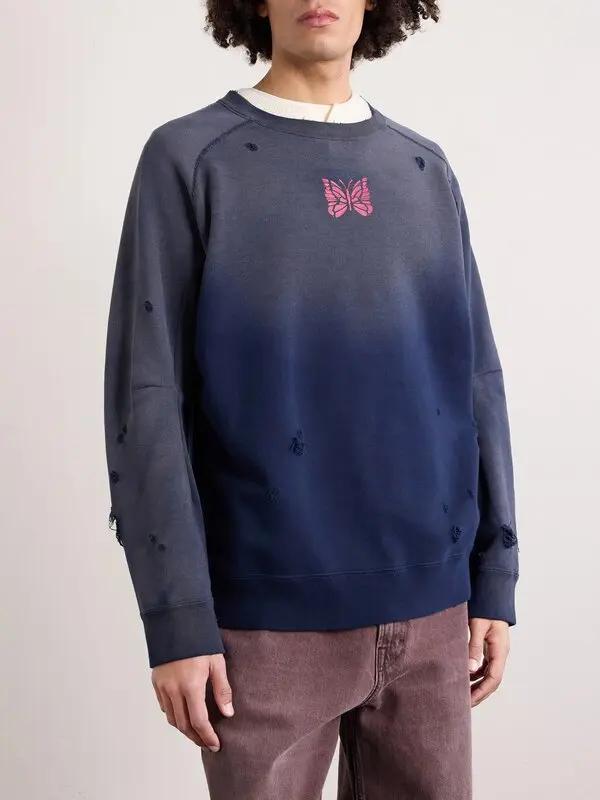 Needles Logo-print Distressed Cotton-jersey Sweatshirt - Blue