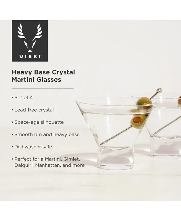 VISKI Raye Heavy Base Crystal Stemless Martini Glasses, Set Of 4