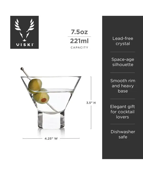 VISKI Raye Heavy Base Crystal Stemless Martini Glasses, Set Of 4
