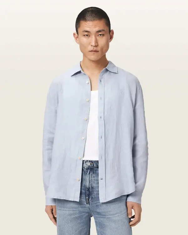 ALLSAINTS Loom Long Sleeve Linen Shirt - Blue