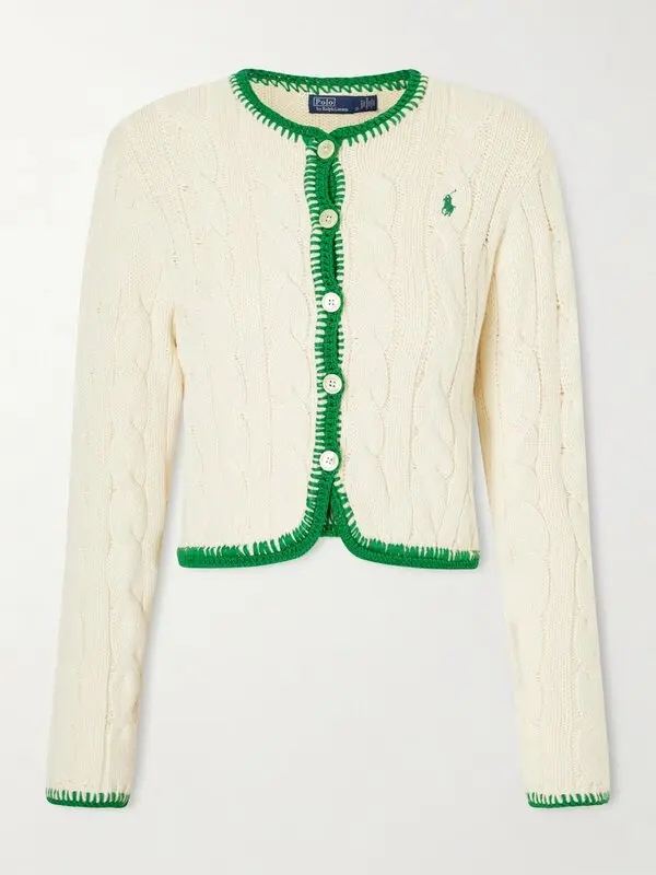 Polo Ralph Lauren Embroidered Cable-knit Cotton-blend Cardigan